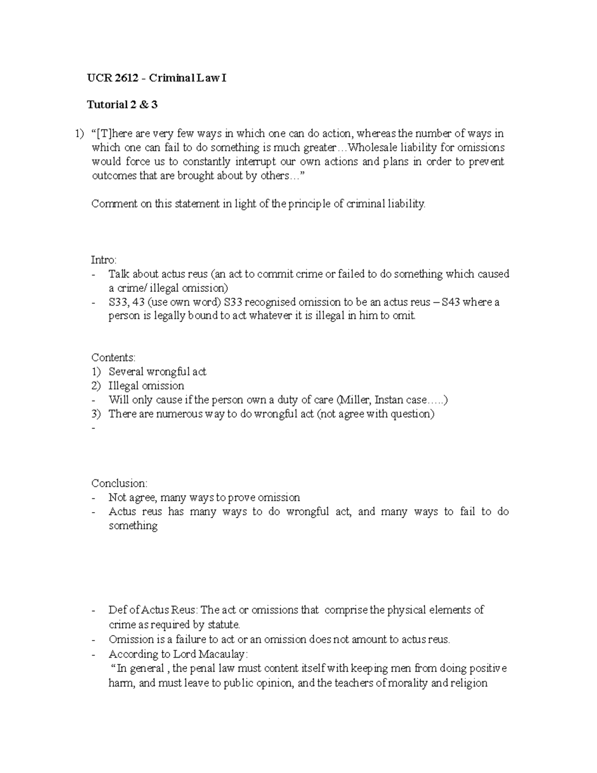 Tutorial 2 & 3 - UCR 2612 - Criminal Law I Tutorial 2 & 3 “[T]here are ...