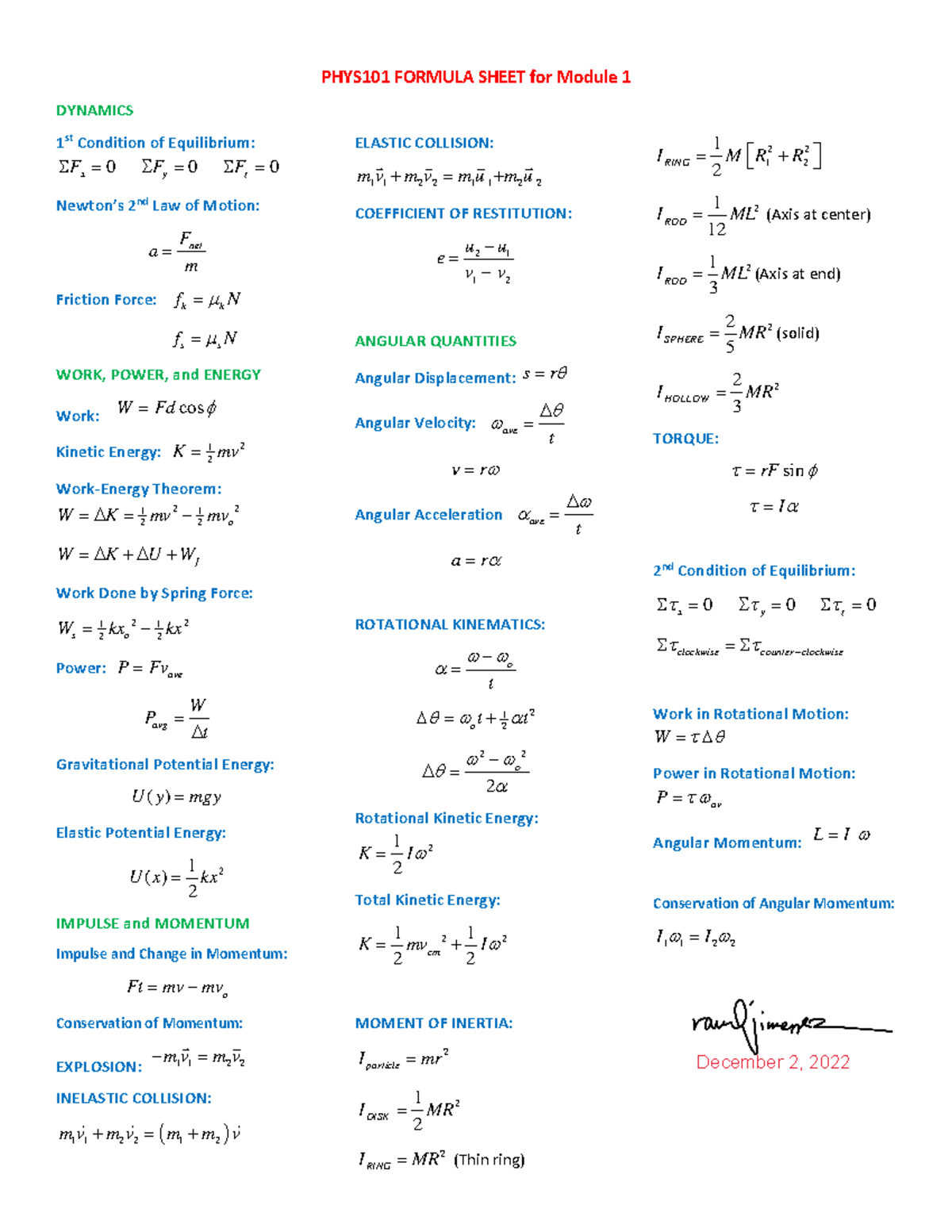 PHYS101 Formula Sheet For Module 1 PHYS101 FORMULA SHEET For Module 1
