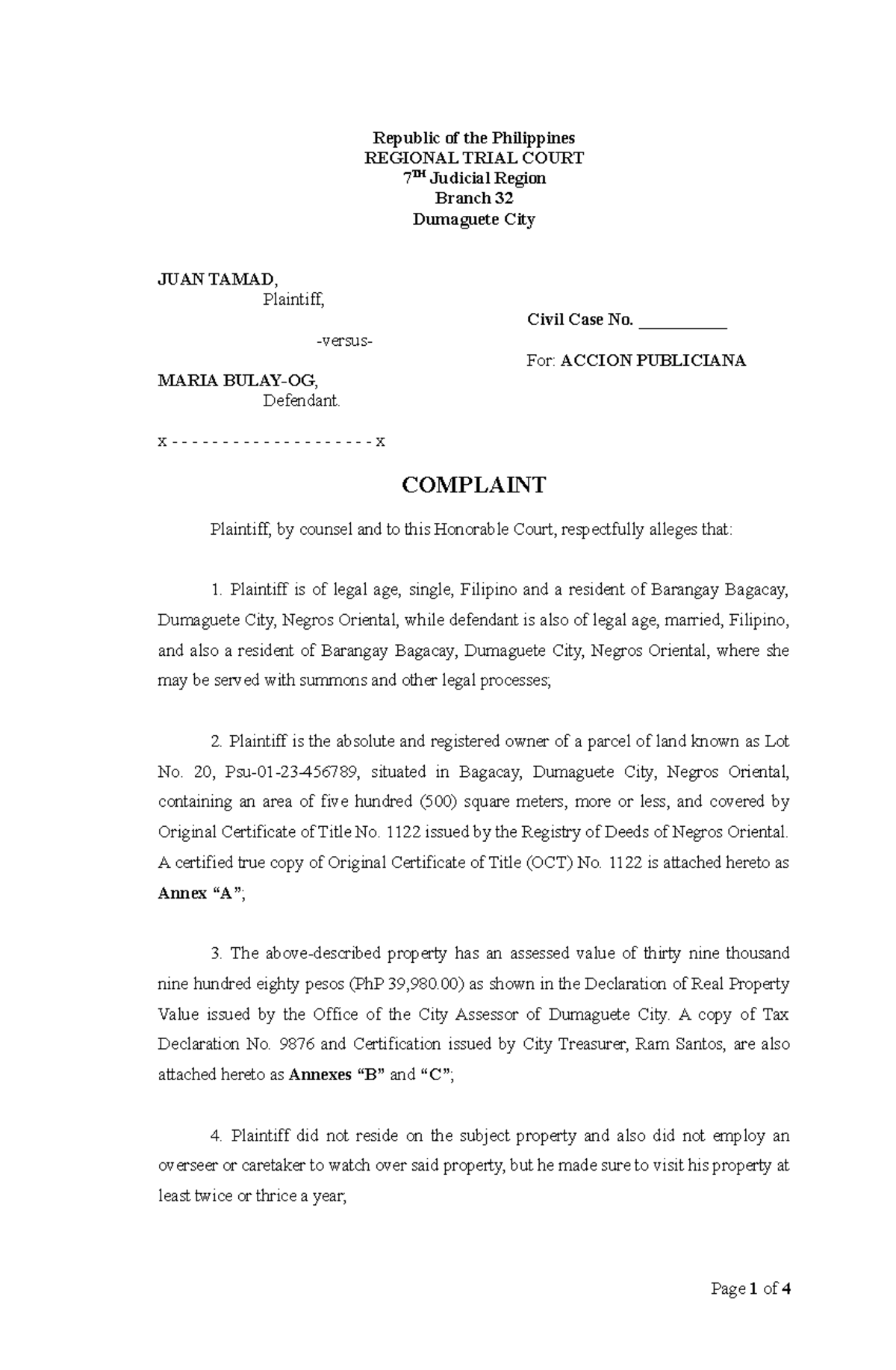 338928864 Final Complaint Accion Publiciana - Republic of the ...