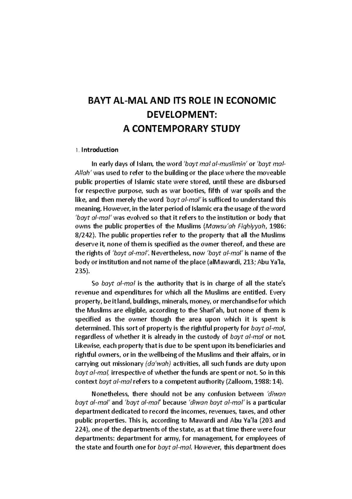 BAYT AL-MAL AND ITS ROLE IN Economic Development - BAYT AL-MAL AND ITS ...