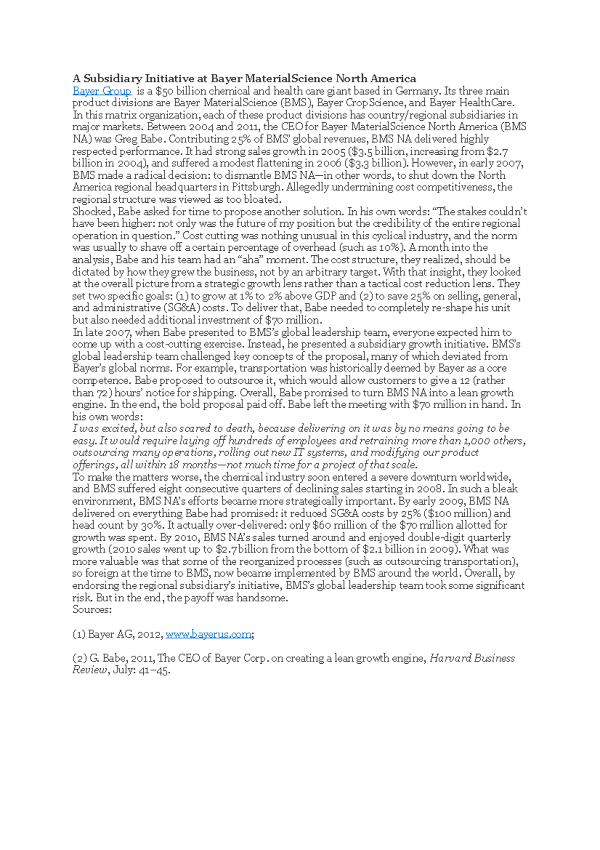 Group case reading 1 Topic 1 - A Subsidiary Initiative at Bayer MaterialScience North America ...