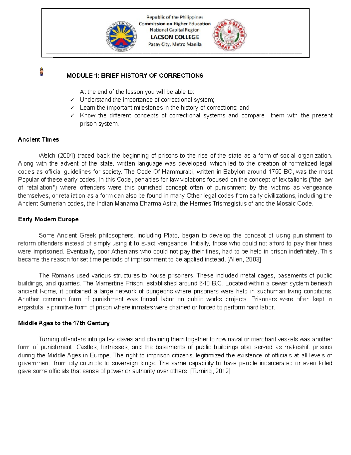 Institutional Corrections Module 1 to 6 - MODULE 1: BRIEF HISTORY OF ...