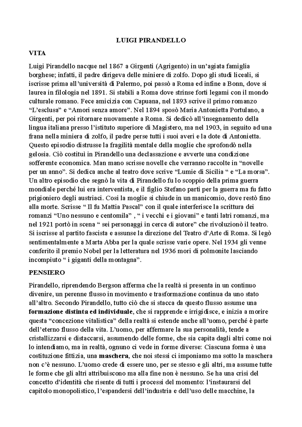 Luigi Pirandello - riassunto corso di lingua e letteratura italiana - LUIGI PIRANDELLO VITA ...