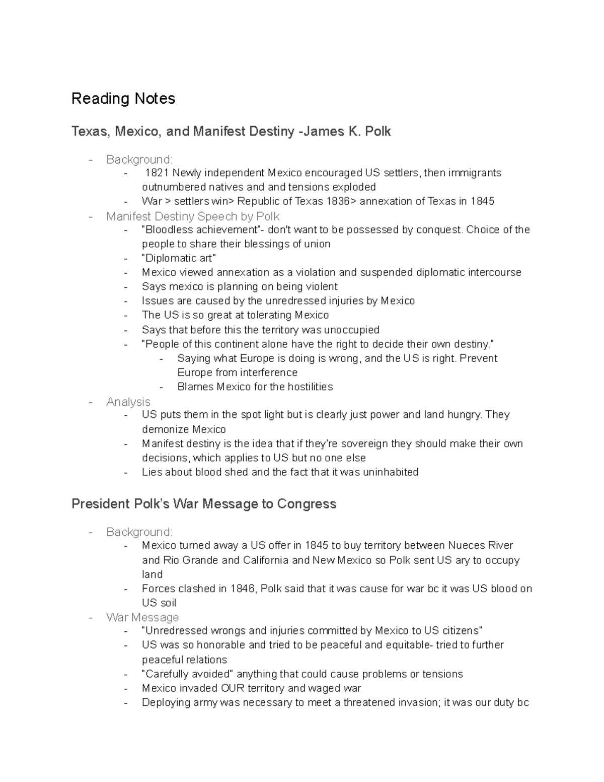 Manifest Destiny TOGH Class Lecture - Reading Notes Texas, Mexico, and ...