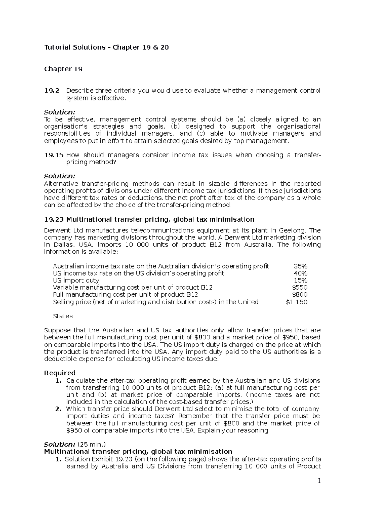 Tutorial Solution - Chapter 19 20 - Tutorial Solutions – Chapter 19 & 20 Chapter 19 19 Describe ...