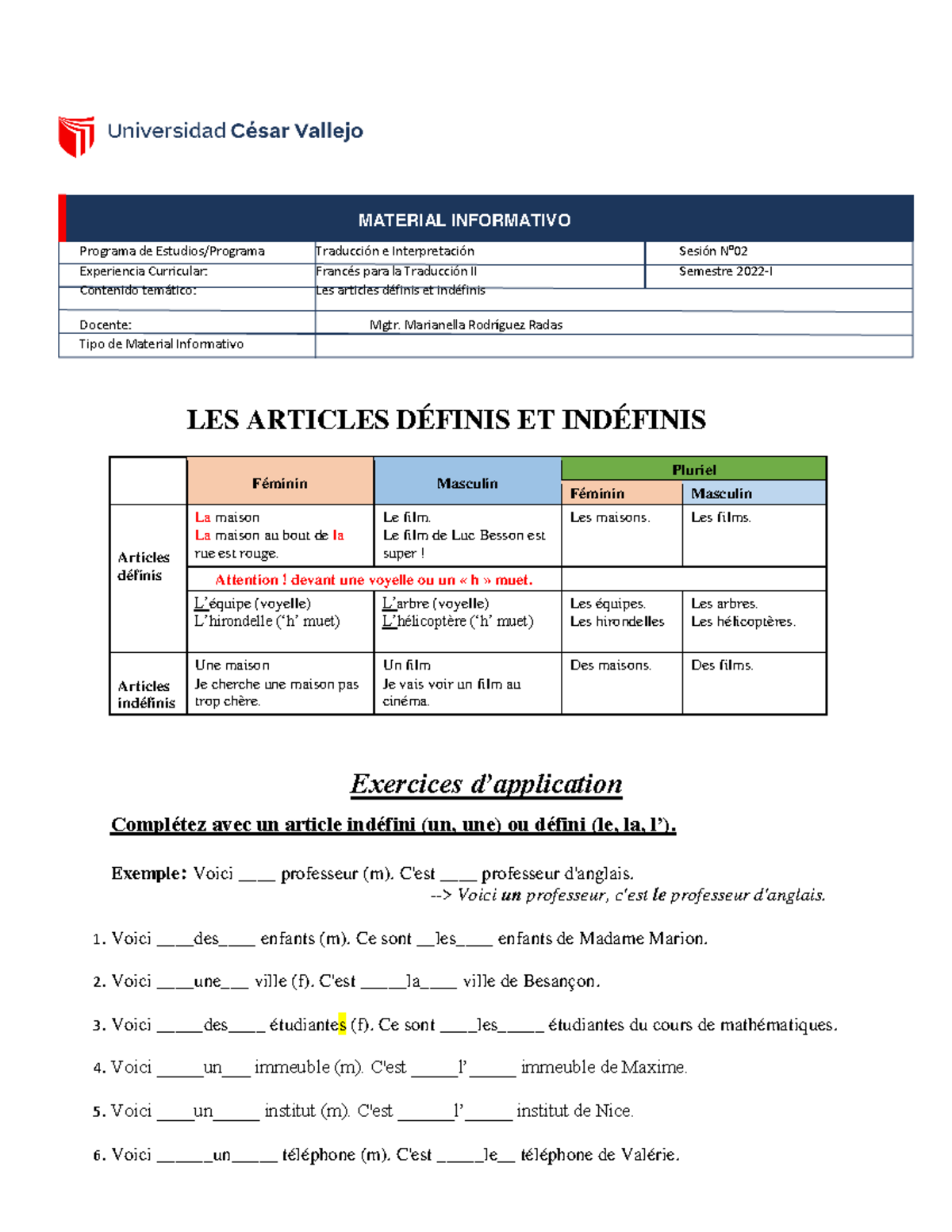 Les articles définis et indéfinis - Francés para la Traducción V - UCV ...