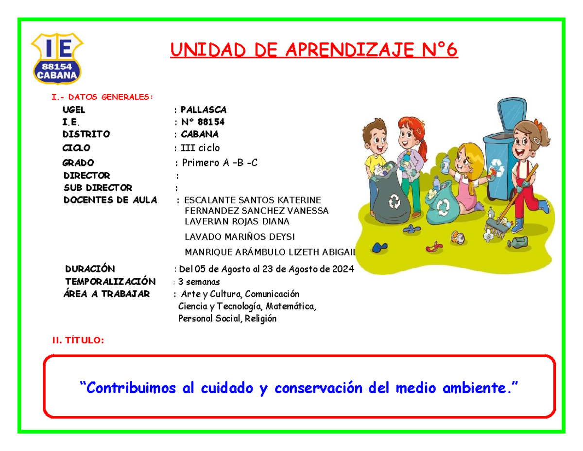 Unidad DE Aprendizaje N 6 - Primer Grado - 2024 editada - UNIDAD DE ...
