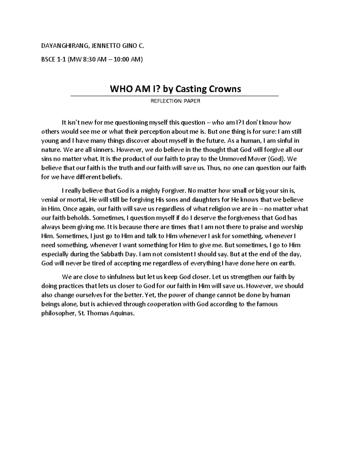 Reflection 2 - Who Am I by Casting Crowns - DAYANGHIRANG, JENNETTO GINO ...