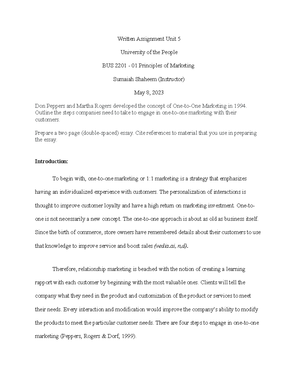 Written Assignment Unit 5 - Outline the steps companies need to take to engage in one-to-one ...