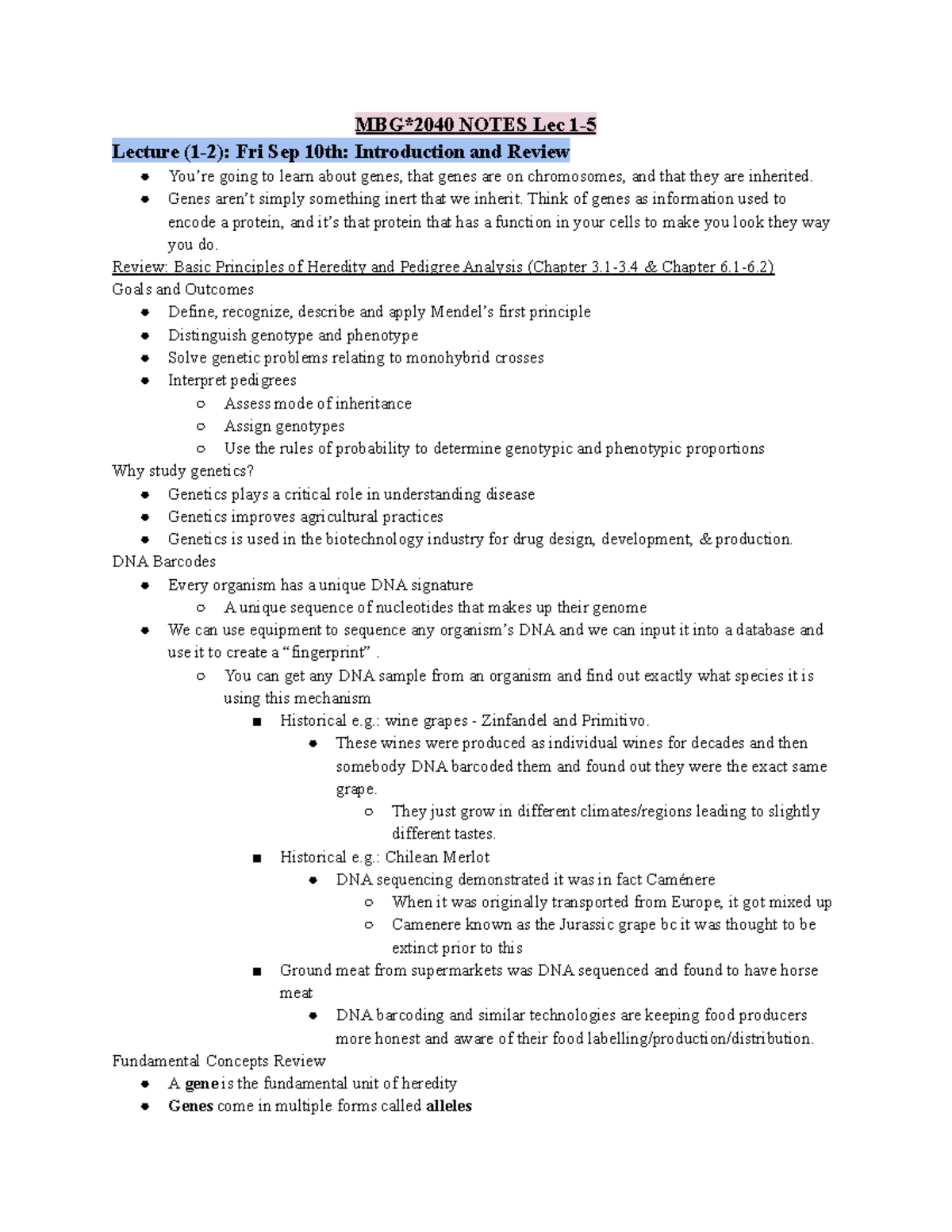 MBG 2040 LEC 1-5 notes - Mbg2040 - U of G - Studocu