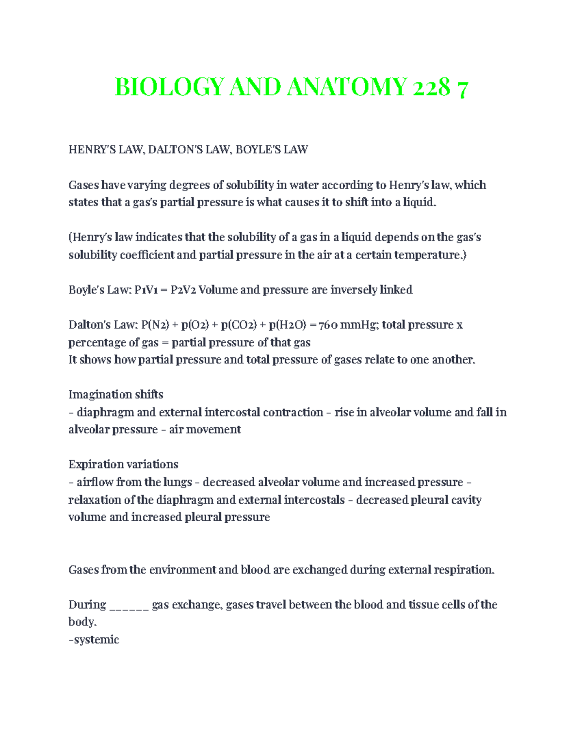 4BIOLOGY AND ANATOMY 228 NOTES - BIOLOGY AND ANATOMY 228 7 HENRY'S LAW ...