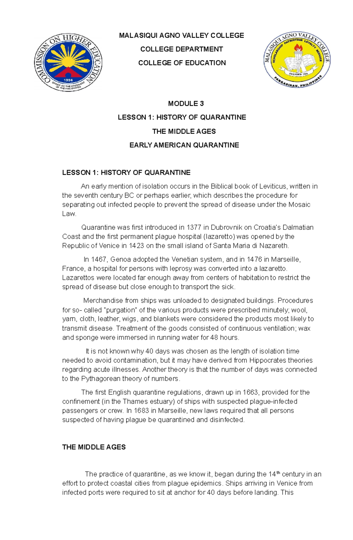 Pandemic topic for you - MALASIQUI AGNO VALLEY COLLEGE COLLEGE ...