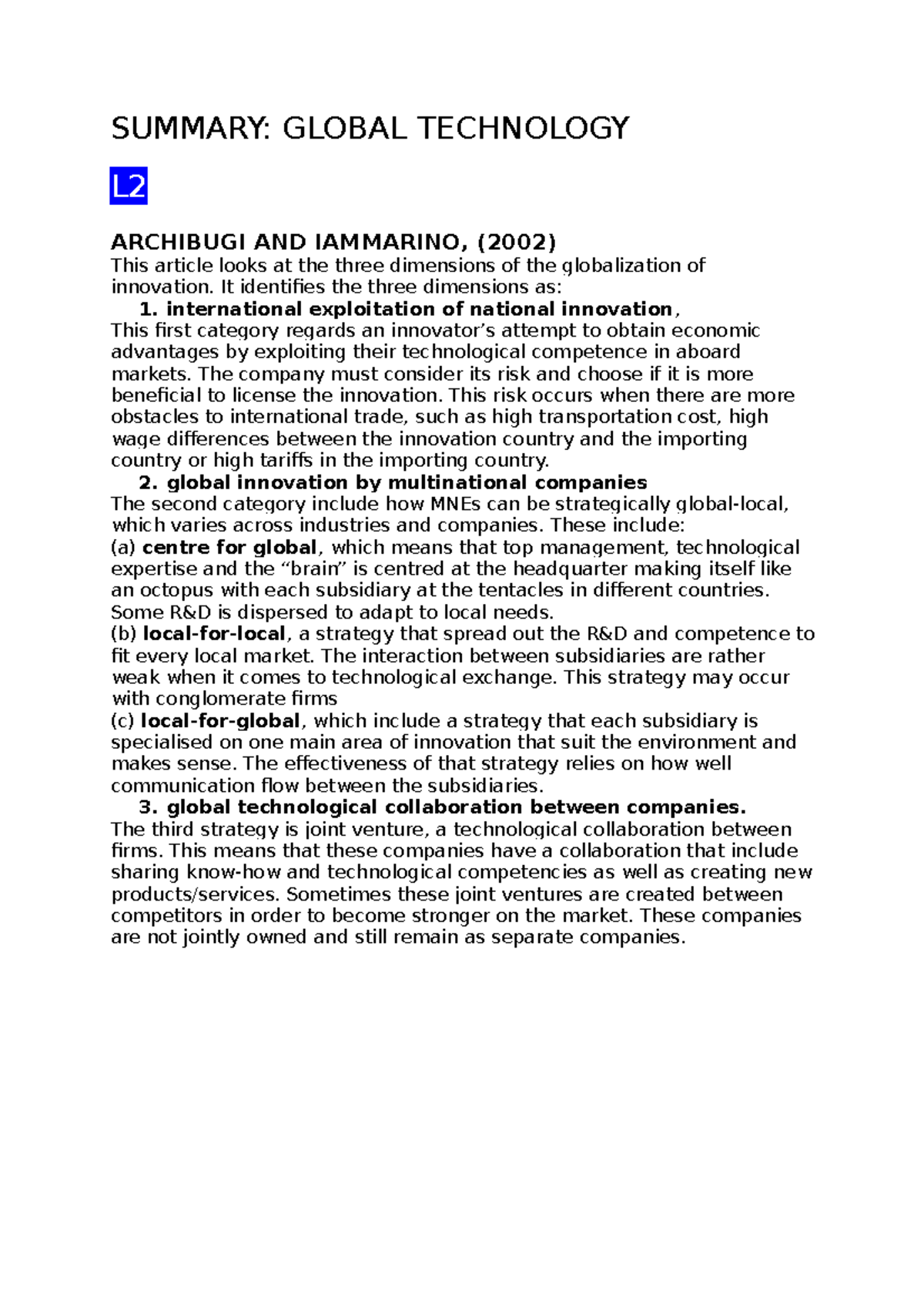 Summary Global Technology - SUMMARY: GLOBAL TECHNOLOGY L ARCHIBUGI AND ...