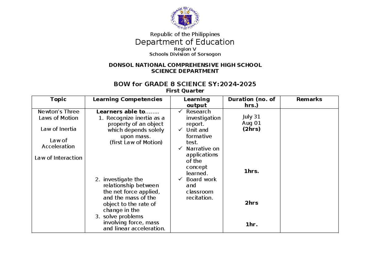 BOW G8 First Quarter - Budget of work for science 8 - Republic of the ...
