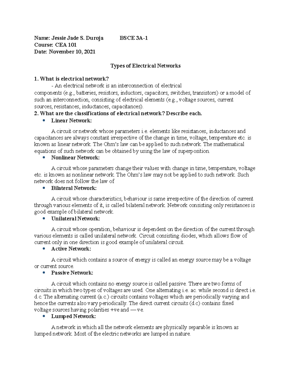 CEA 101 (Duroja, Types of Electrical Networks) - Name: Jessie Jade S ...