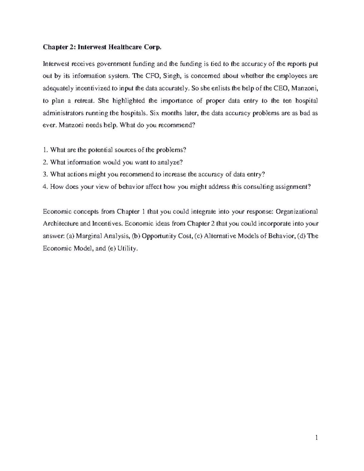 Ch2 - Chapter 2 case assignment task - 1 Chapter 2: Interwest ...