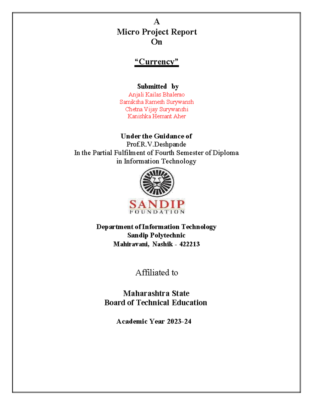 Jpr mic12 - A Micro Project Report On “Currency” ####### Submitted by ...