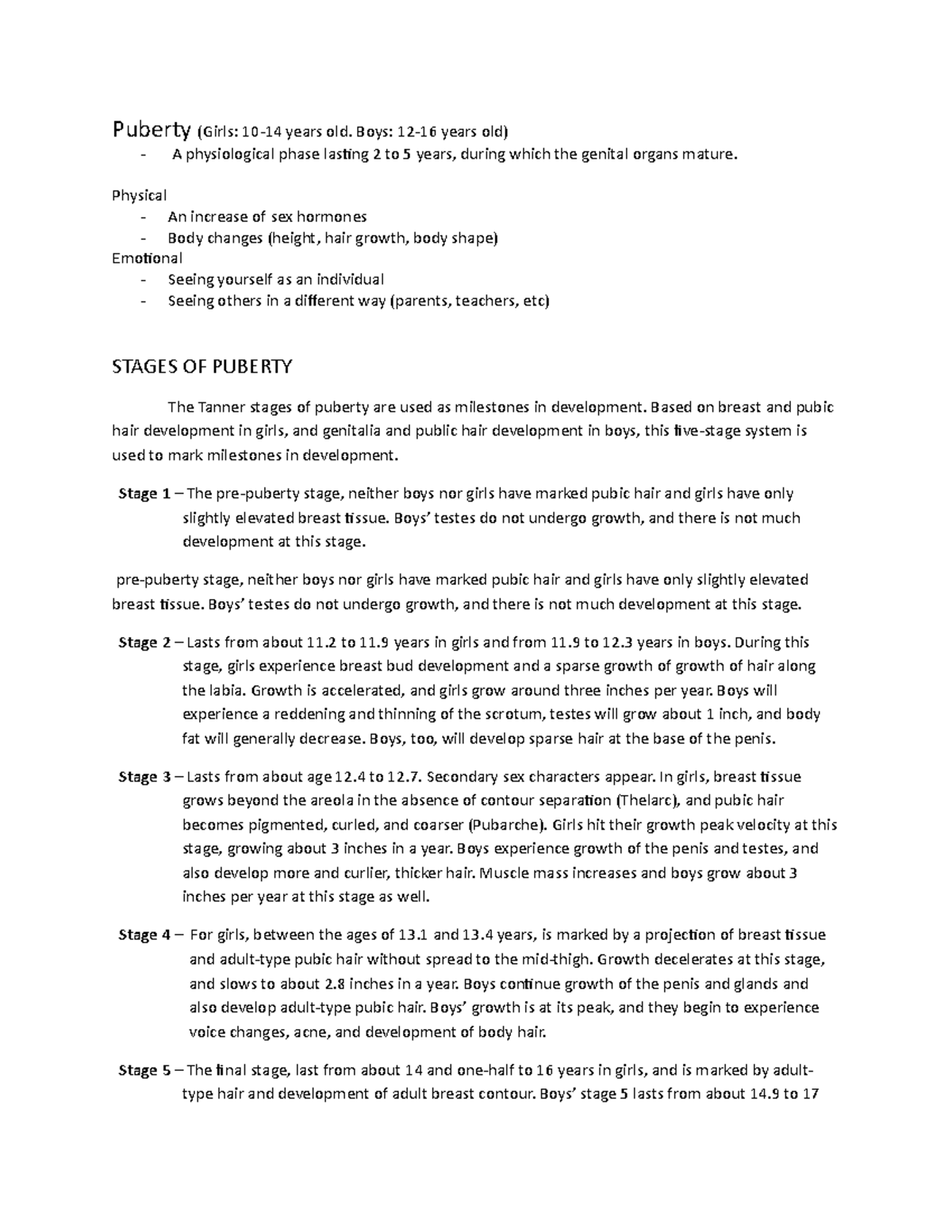 Developmental Psychology - Pubery, Pre, Delayed - Puberty (Girls: 10-14 ...