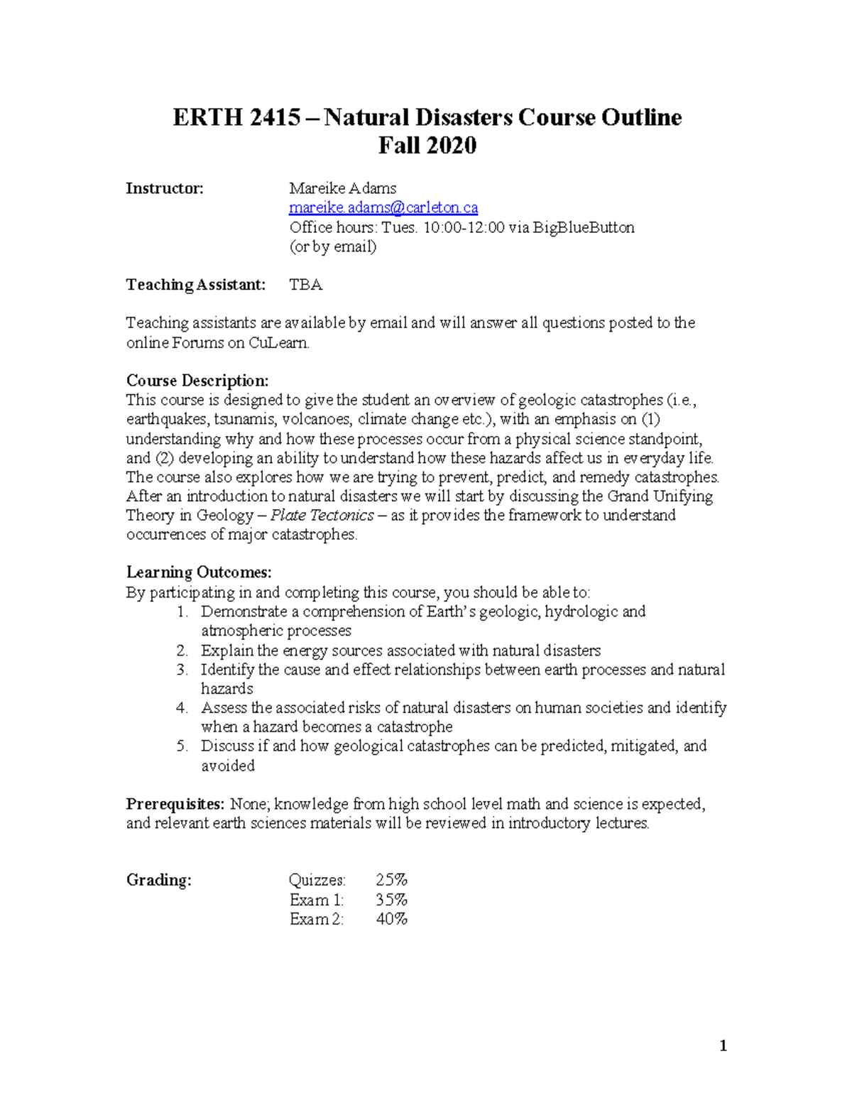 ERTH2415 syllabus F20 - ERTH 2415 – Natural Disasters Course Outline ...