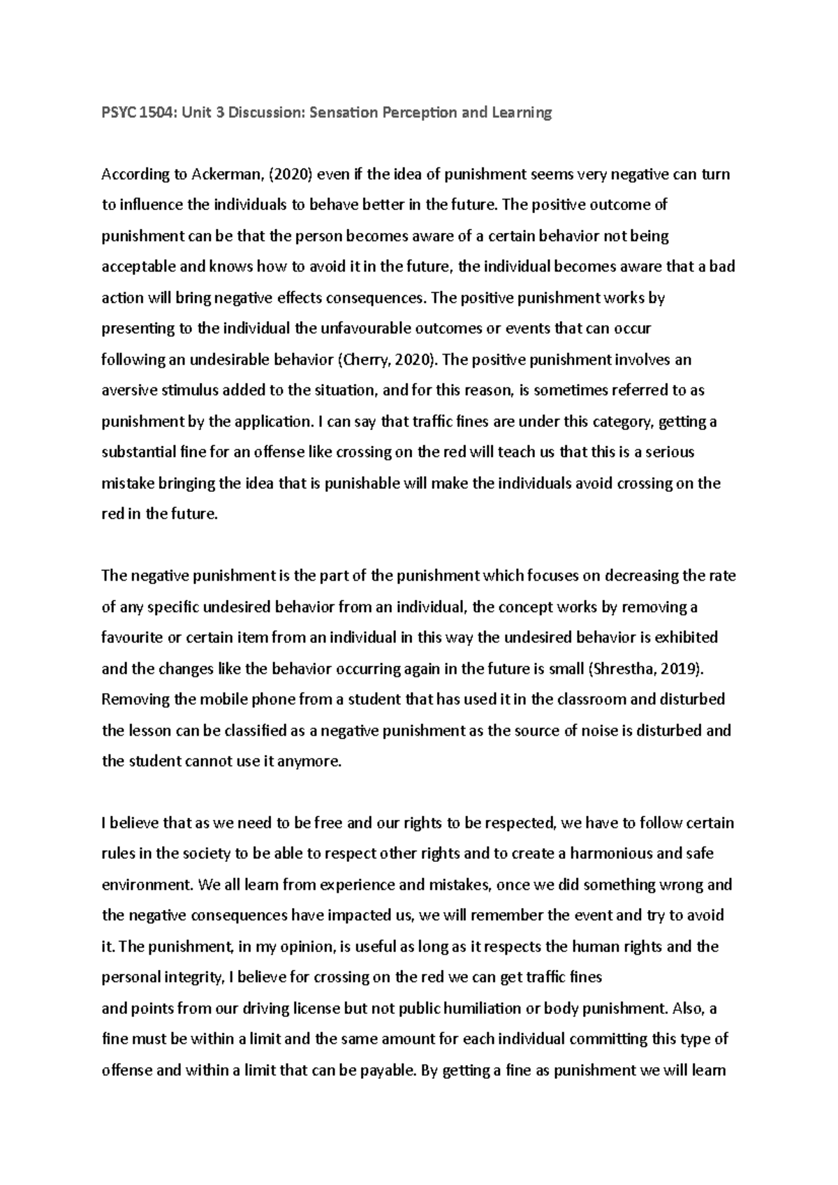 PSYC 1504 UN IT 3 DF Assignment Number 12 - PSYC 1504: Unit 3 Discussion: Sensation Perception ...