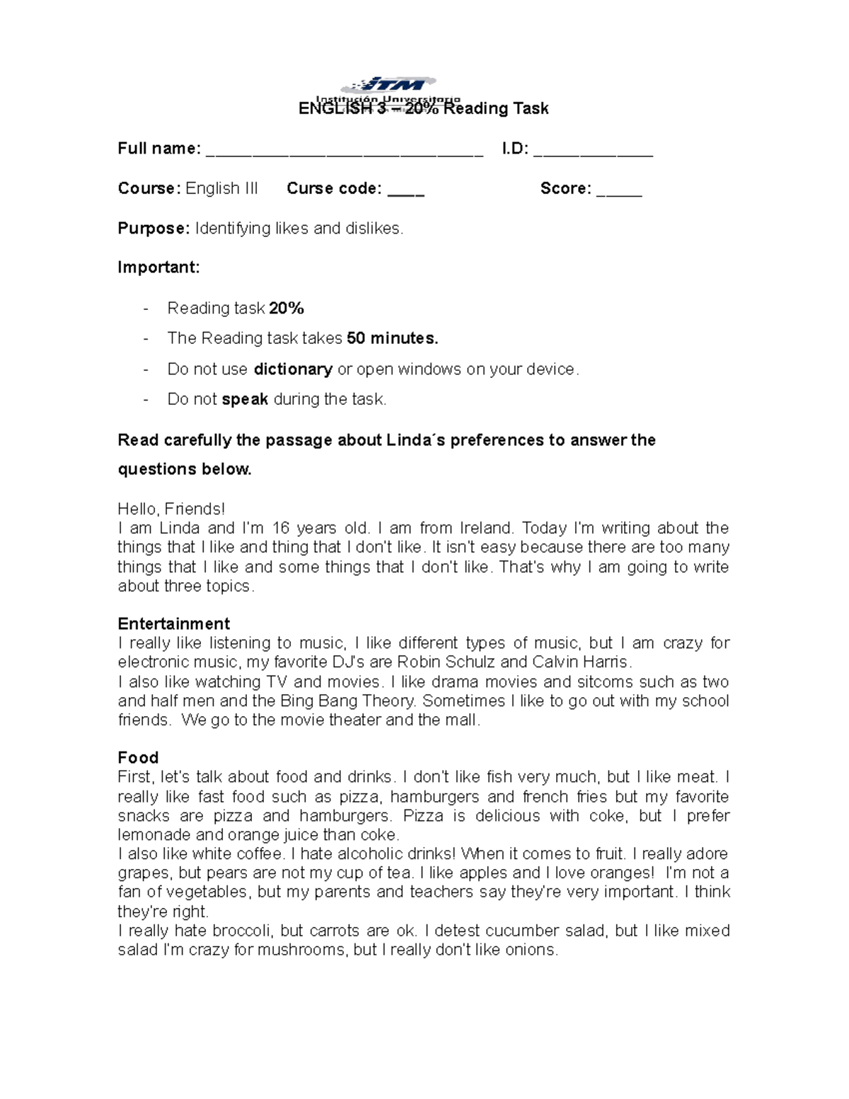 English 3 reading task prueba de escritura - ENGLISH 3 – 20% Reading ...