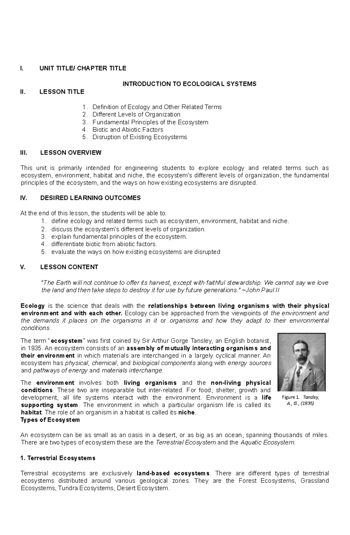 Introduction TO Ecological Systems - I. UNIT TITLE/ CHAPTER TITLE ...