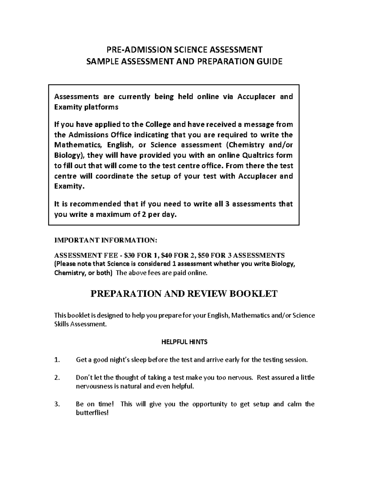 Grade 11 Biology Sample Test - PRE-ADMISSION SCIENCE ASSESSMENT SAMPLE ...