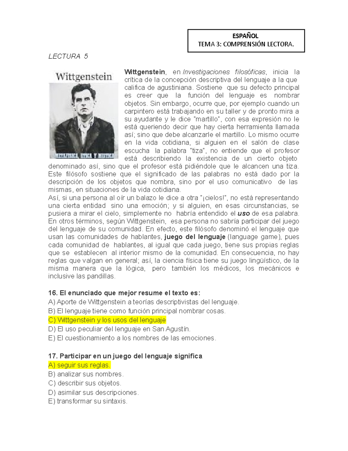 Respuestas Ejercicios de lectura 5 y 6 - LECTURA 5 Wittgenstein , en ...