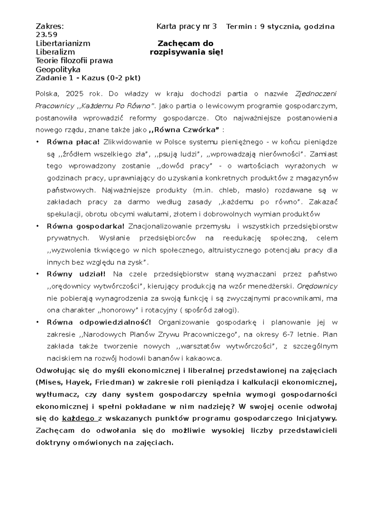 Karta Pracy - Zadania obowiązkowe z doktryn politycznych i prawnych ...