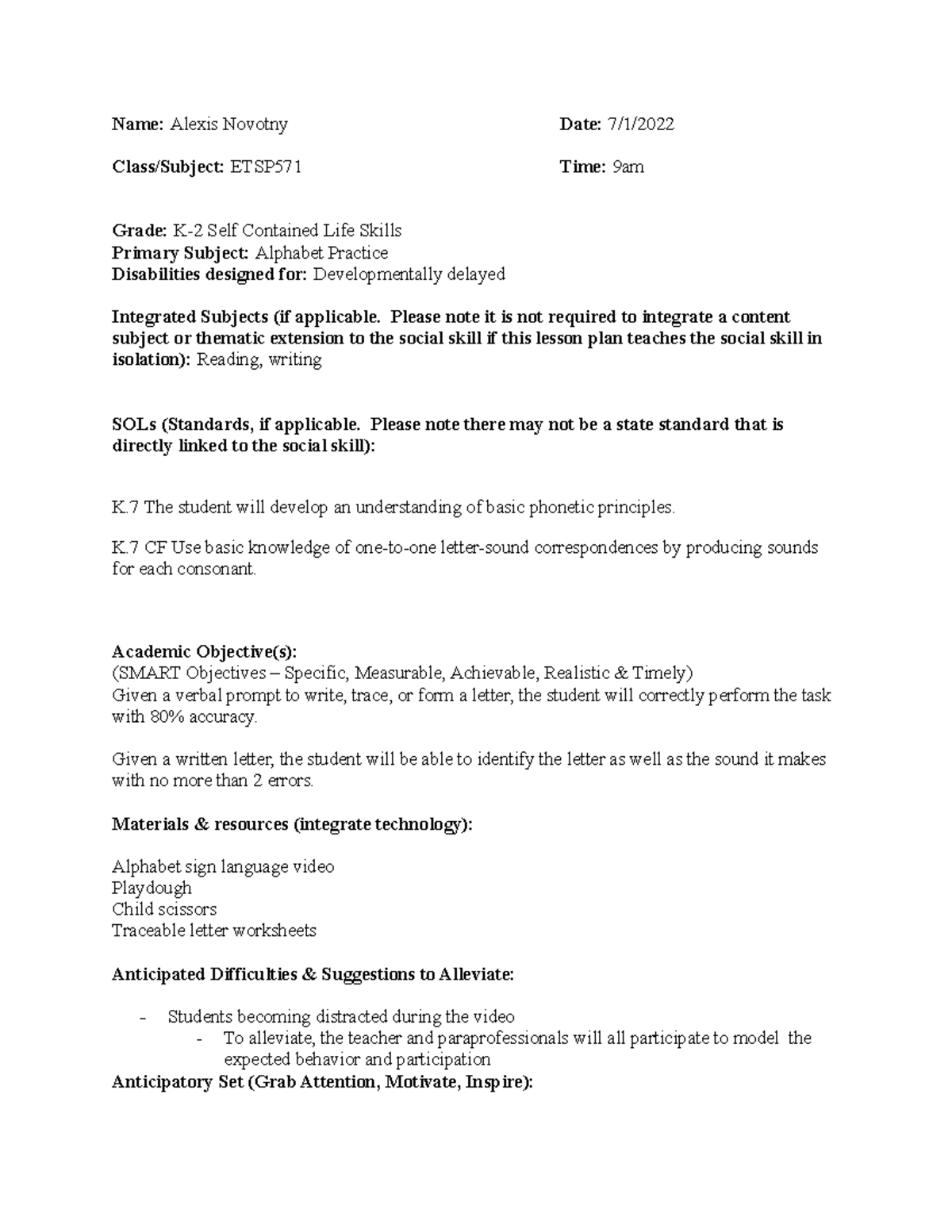 ETSP571 Lesson Plan - Name: Alexis Novotny Date: 7/1/ Class/Subject ...