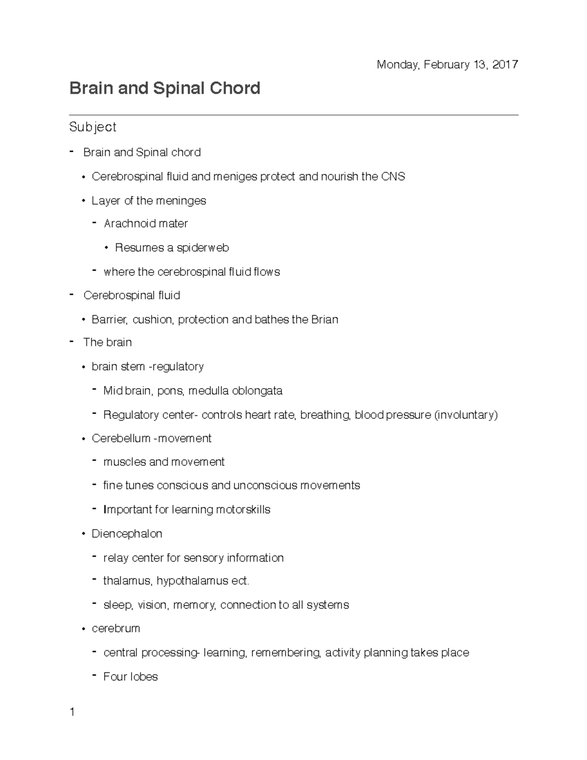 Brain and spinal chord - professor king - Monday, February 13, 2017 ...