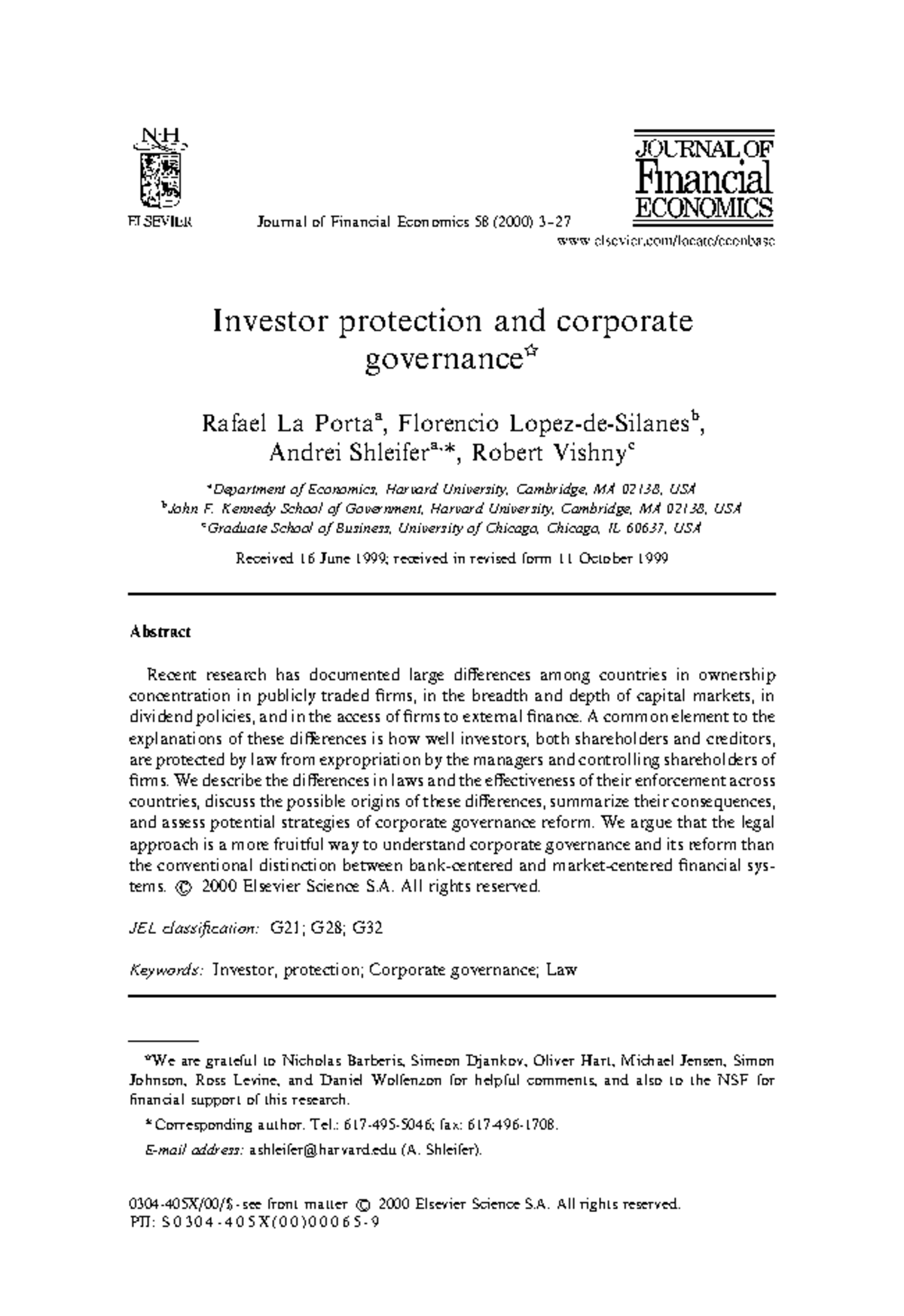 La Porta 2000 Investor Protection & Corporate Governance - qWe are ...