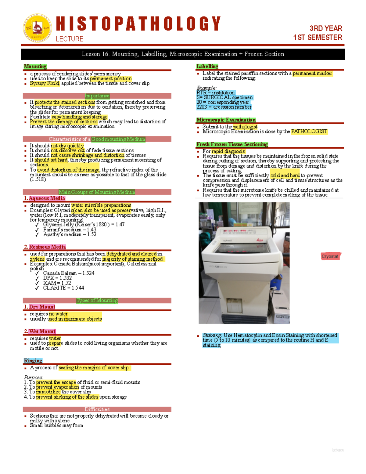 L16 - histopath - H I S T O P A T H O L O G Y LECTURE kcbucu 3RD YEAR ...