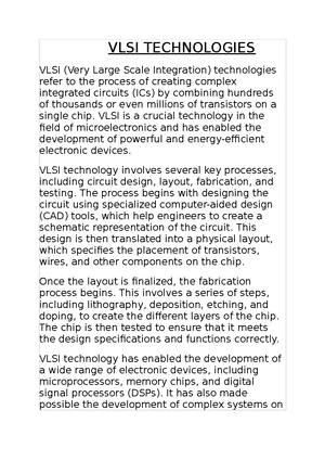 VLSI Technologies - VLSI TECHNOLOGIES VLSI (Very Large Scale ...
