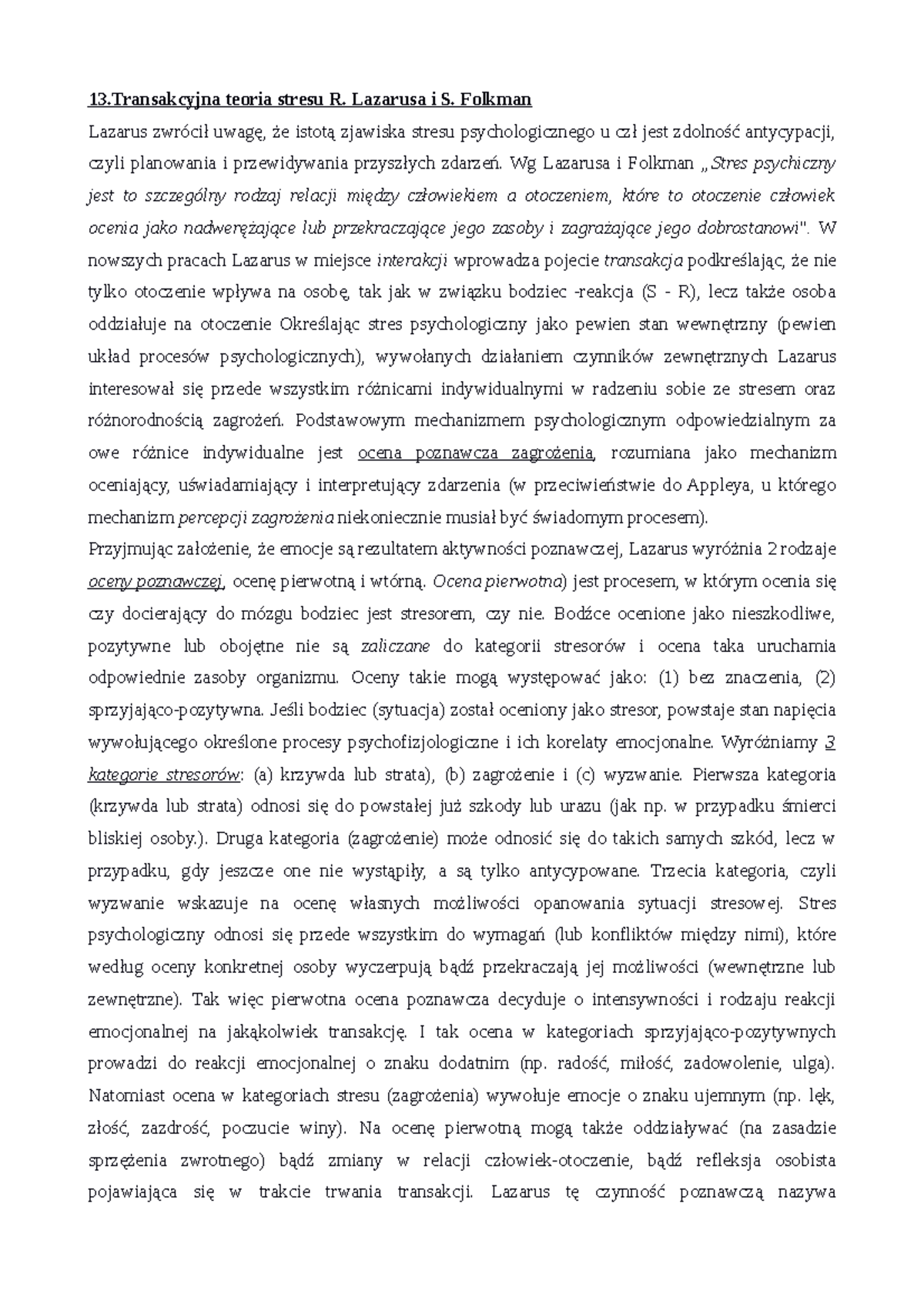 Transakcyjna teoria stresu R. Lazarusa i S. Folkman - 13 teoria stresu ...