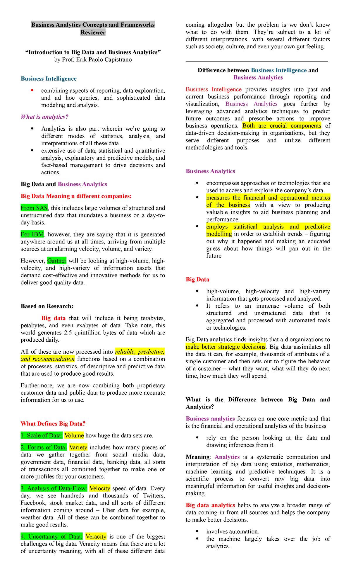 Business Analytics Concepts And Frameworks Reviewer Business Analytics Concepts And Frameworks