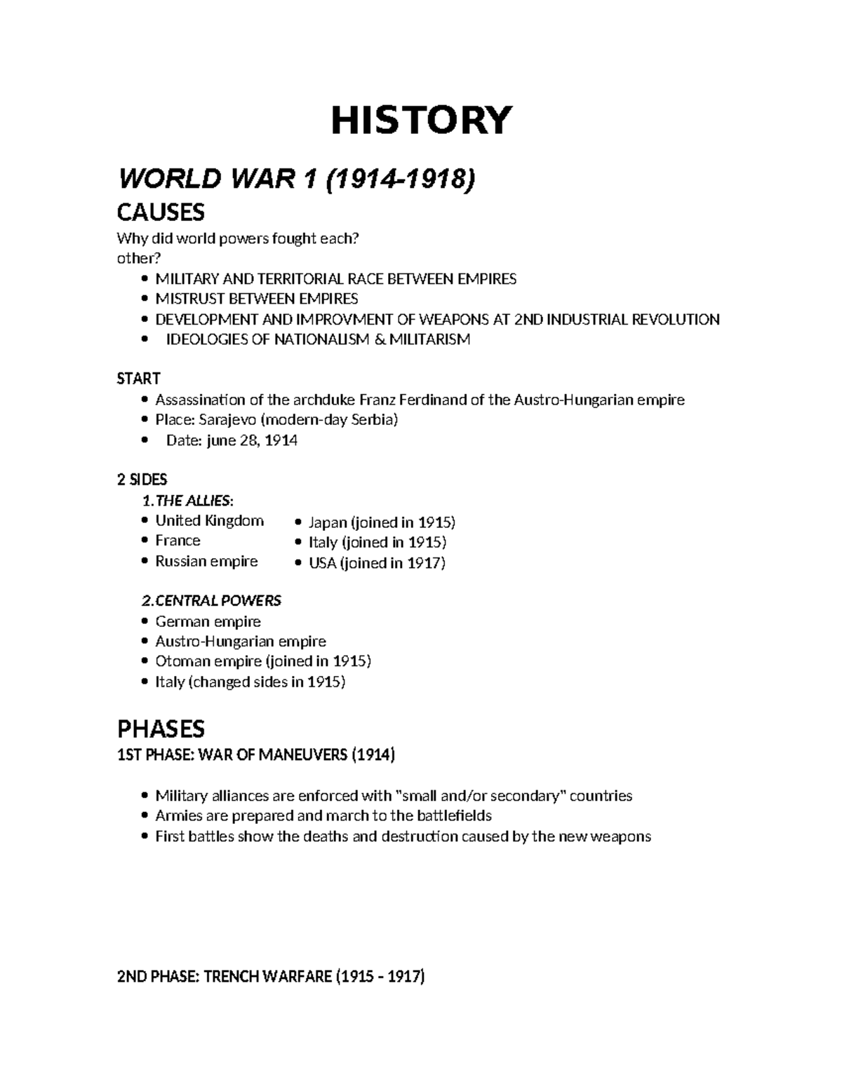 History - examen final - HISTORY WORLD WAR 1 (1914-1918) CAUSES Why did ...