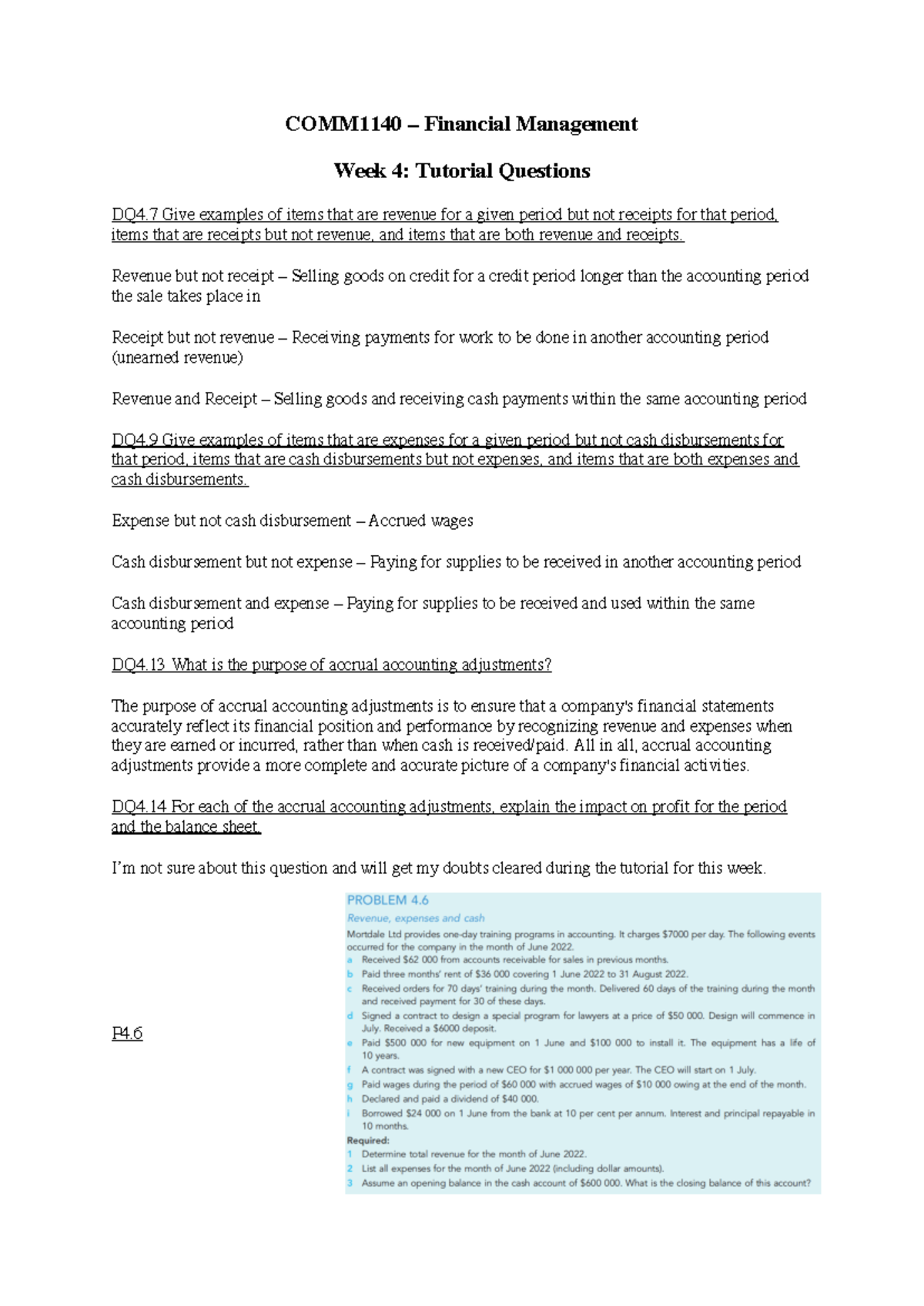 COMM1140 Week 4 HW - COMM1140 – Financial Management Week 4: Tutorial ...