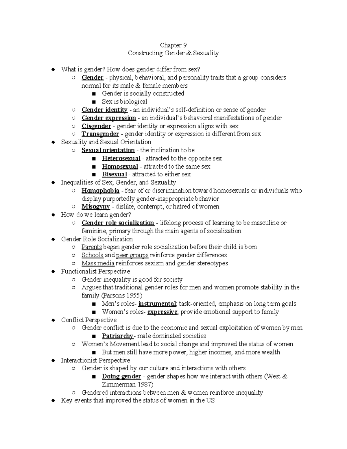 Sociology Ch. 9 Notes - Chapter 9 Constructing Gender & Sexuality What ...