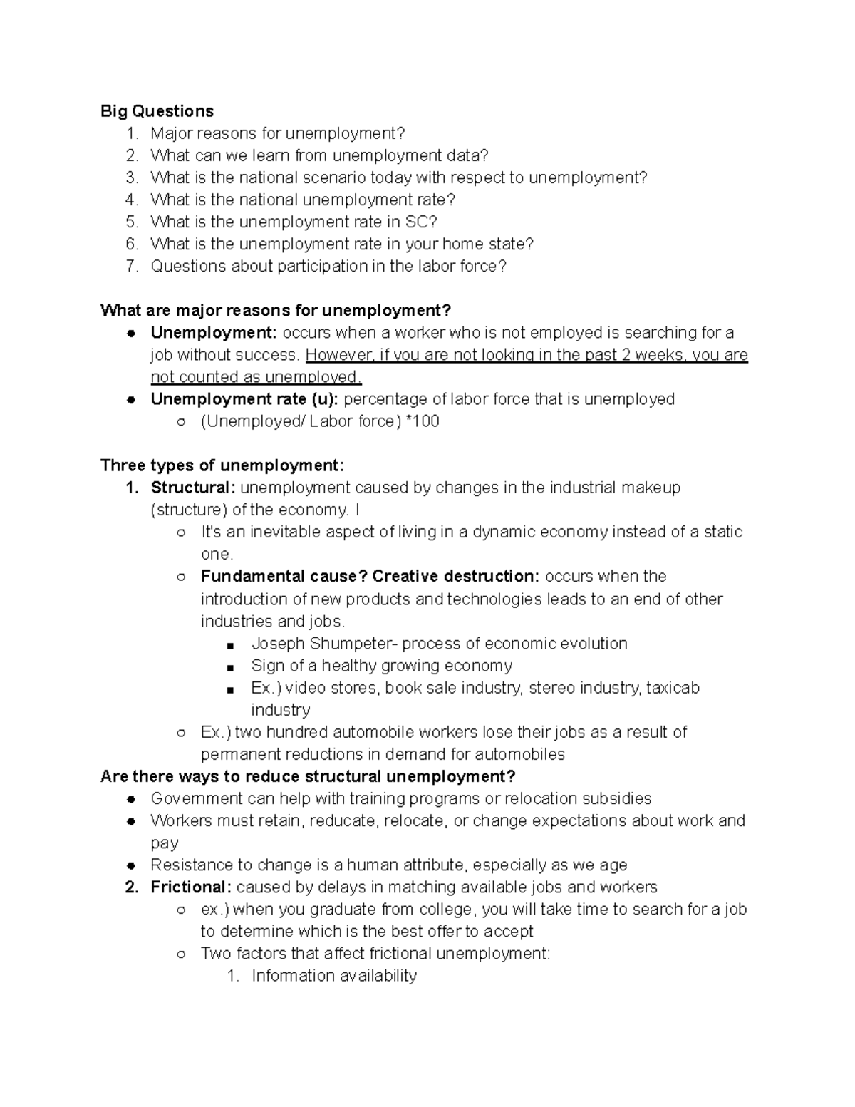 Ch.7- Unemployment - Google Docs - Big Questions 1. Major reasons for ...