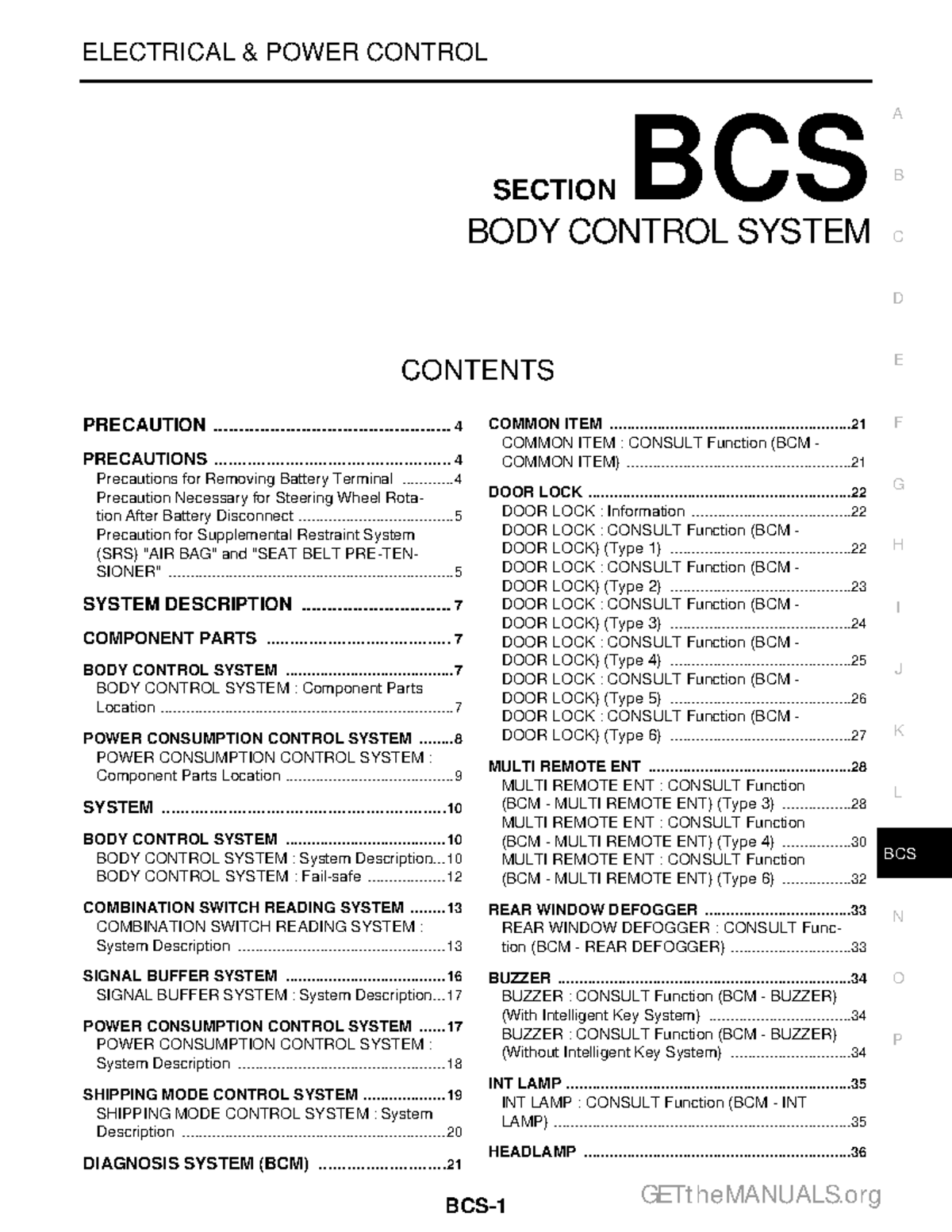 BCS - BODY Control System - BCS ELECTRICAL & POWER CONTROL C D E F G H ...