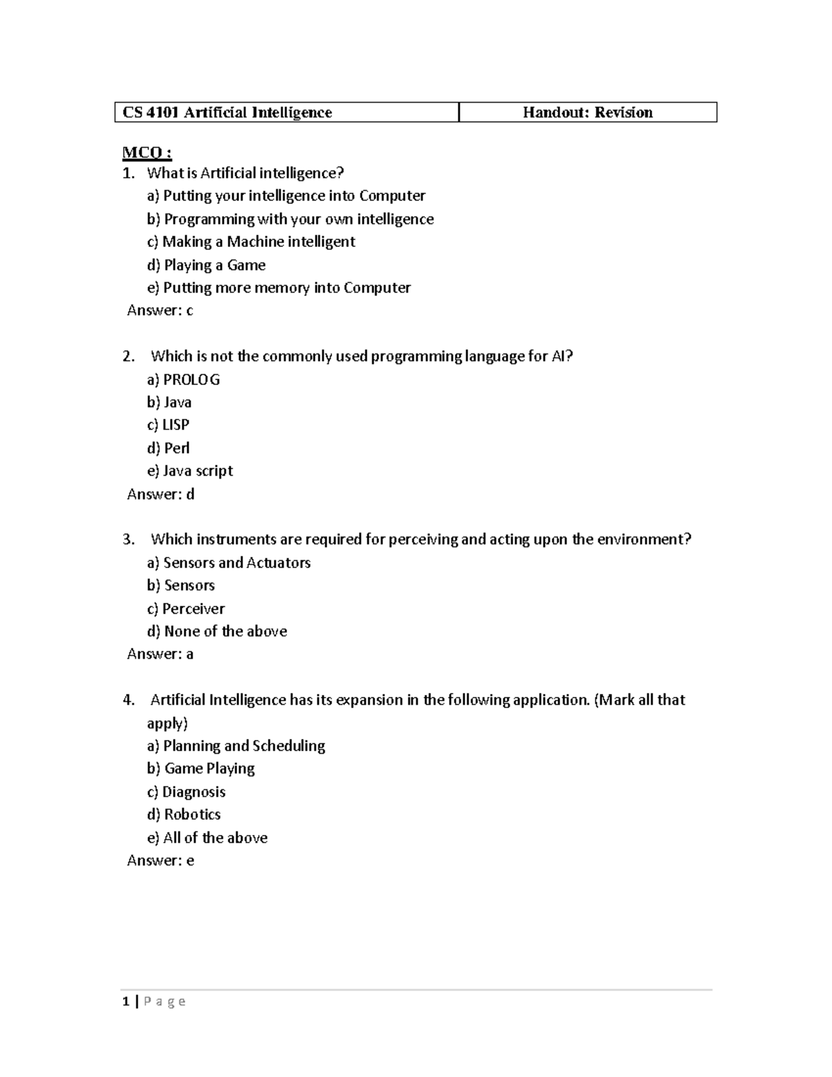 Ai-revision sheet(SOME Questions) - MCQ : What is Artificial ...