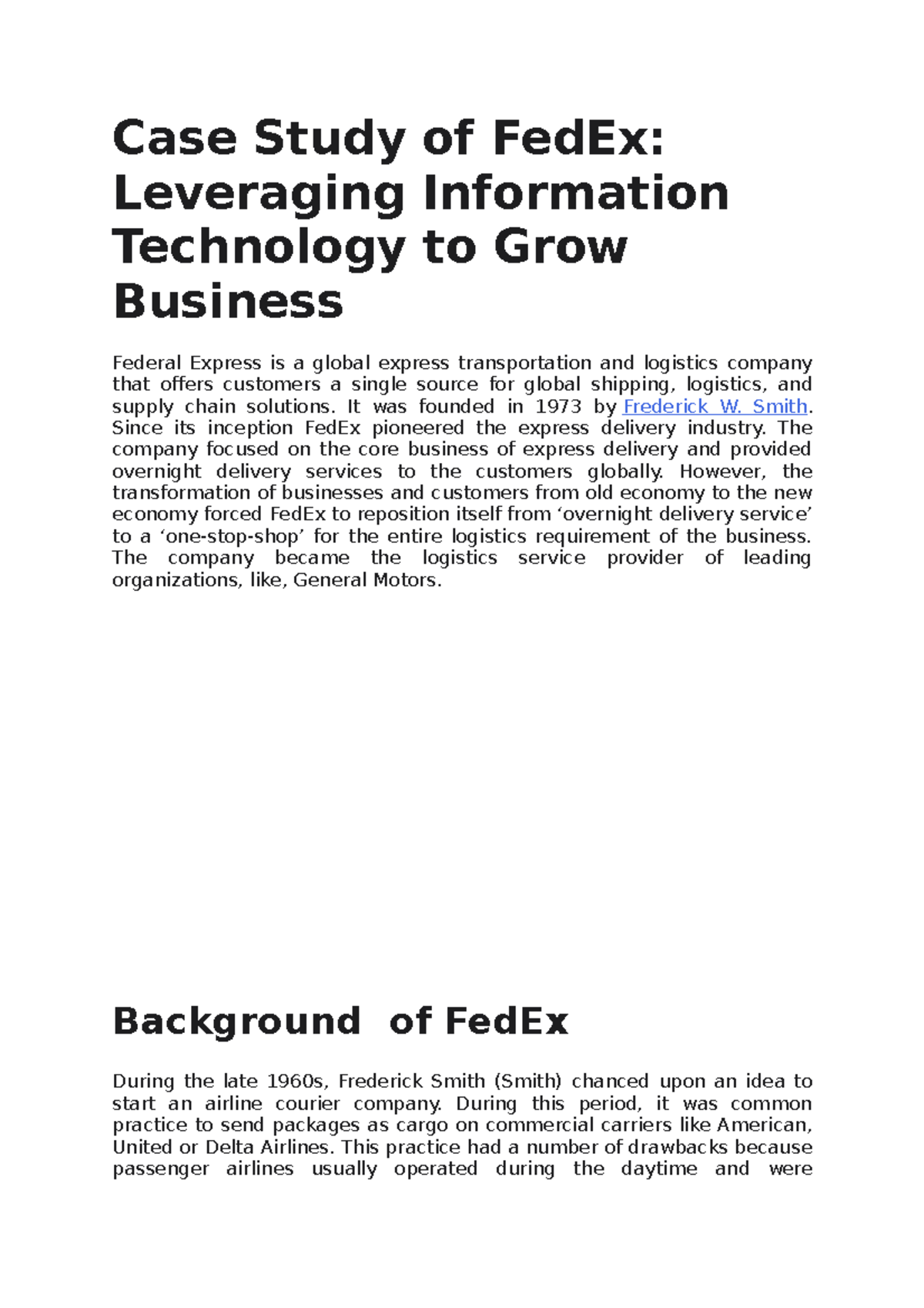 Fed ex - info systems - rthtehtehrthrthrthrthrthrth - Case Study of FedEx: Leveraging ...