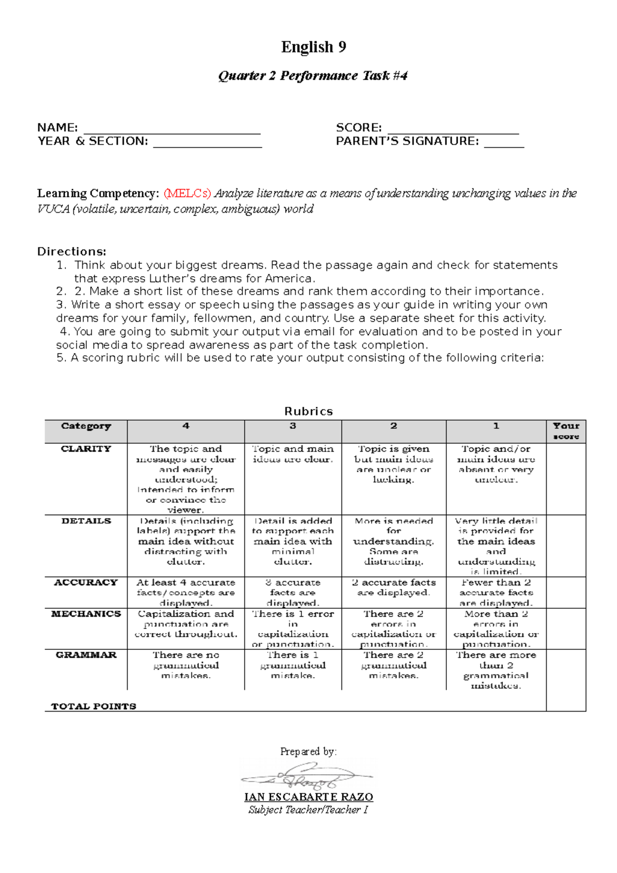 Performace Task 4 - English 9 Quarter 2 Performance Task NAME