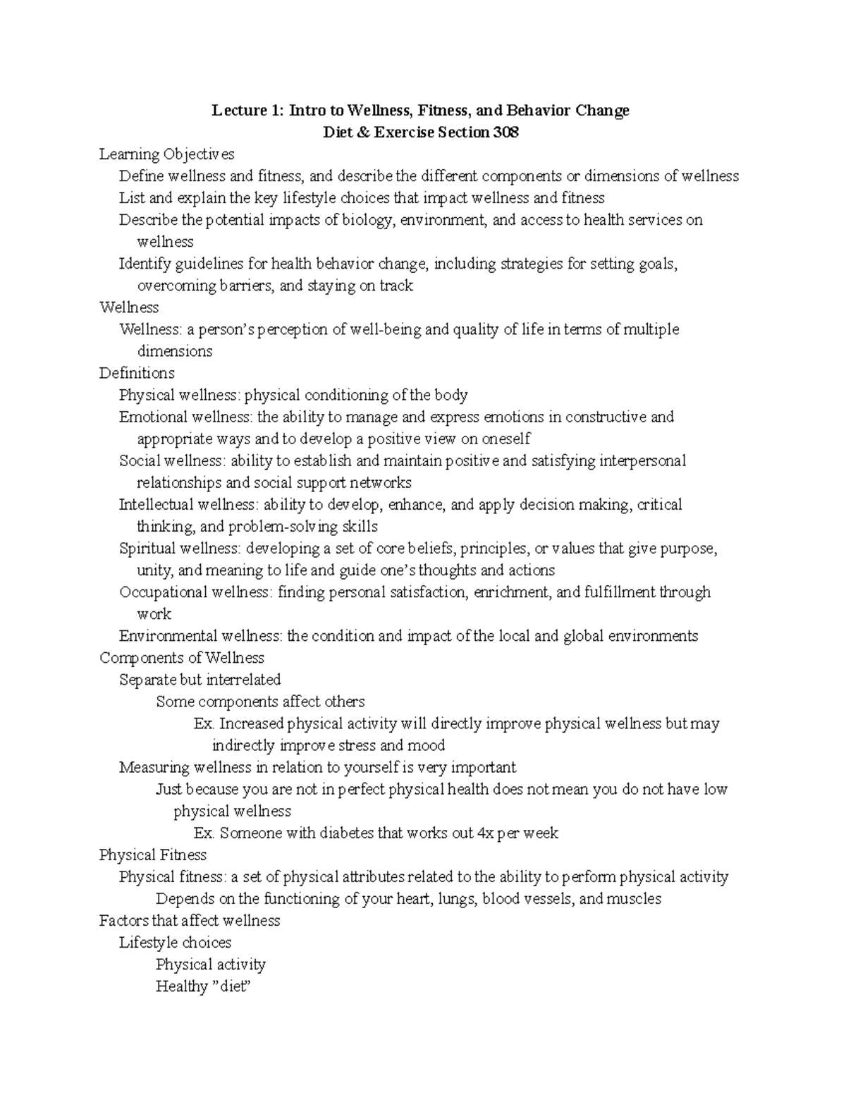 Diet and exercise chapter 1 - Lecture 1: Intro to Wellness, Fitness ...