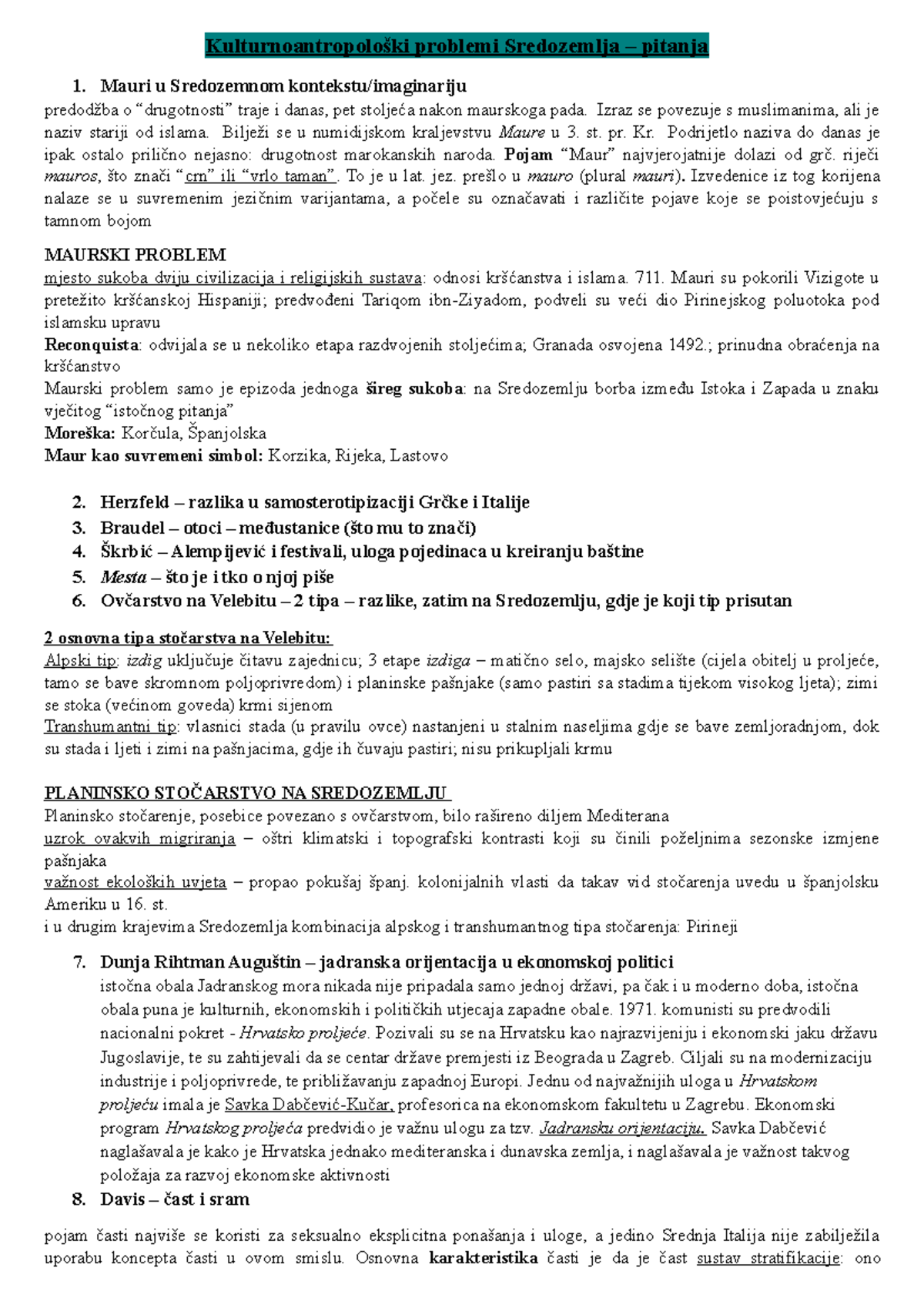 Kulturnoantropološki problemi Sredozemlja - pitanja - problemi ...