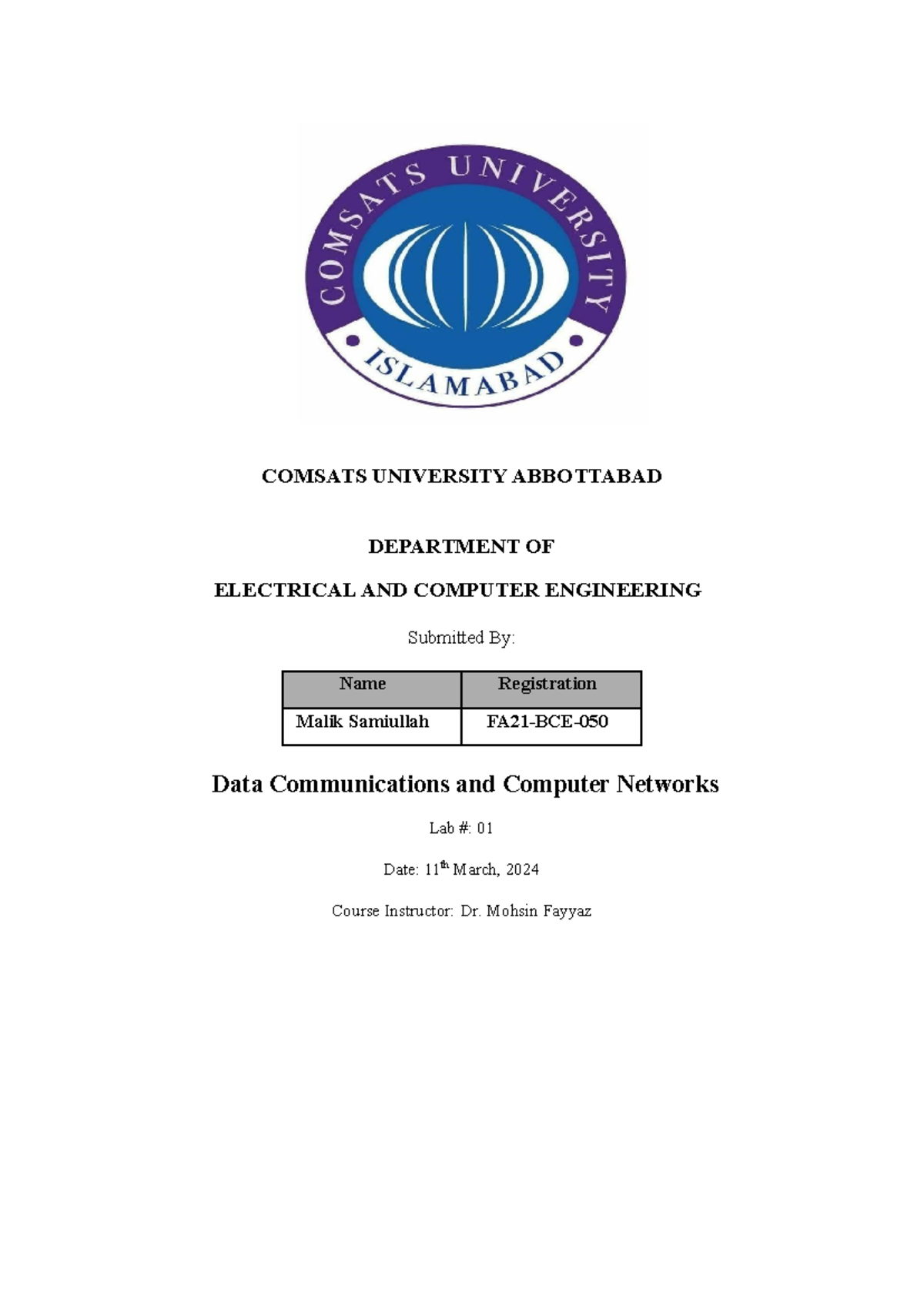 DCCN(Lab 1) - It's a lab report. - COMSATS UNIVERSITY ABBOTTABAD DEPARTMENT OF ELECTRICAL AND ...