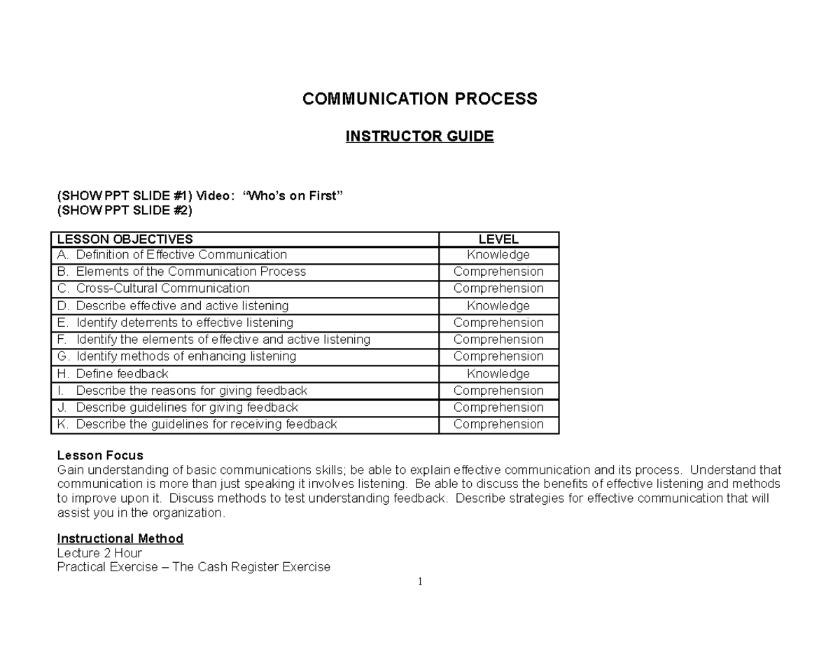 Comunication Process IG - COMMUNICATION PROCESS INSTRUCTOR GUIDE (SHOW ...