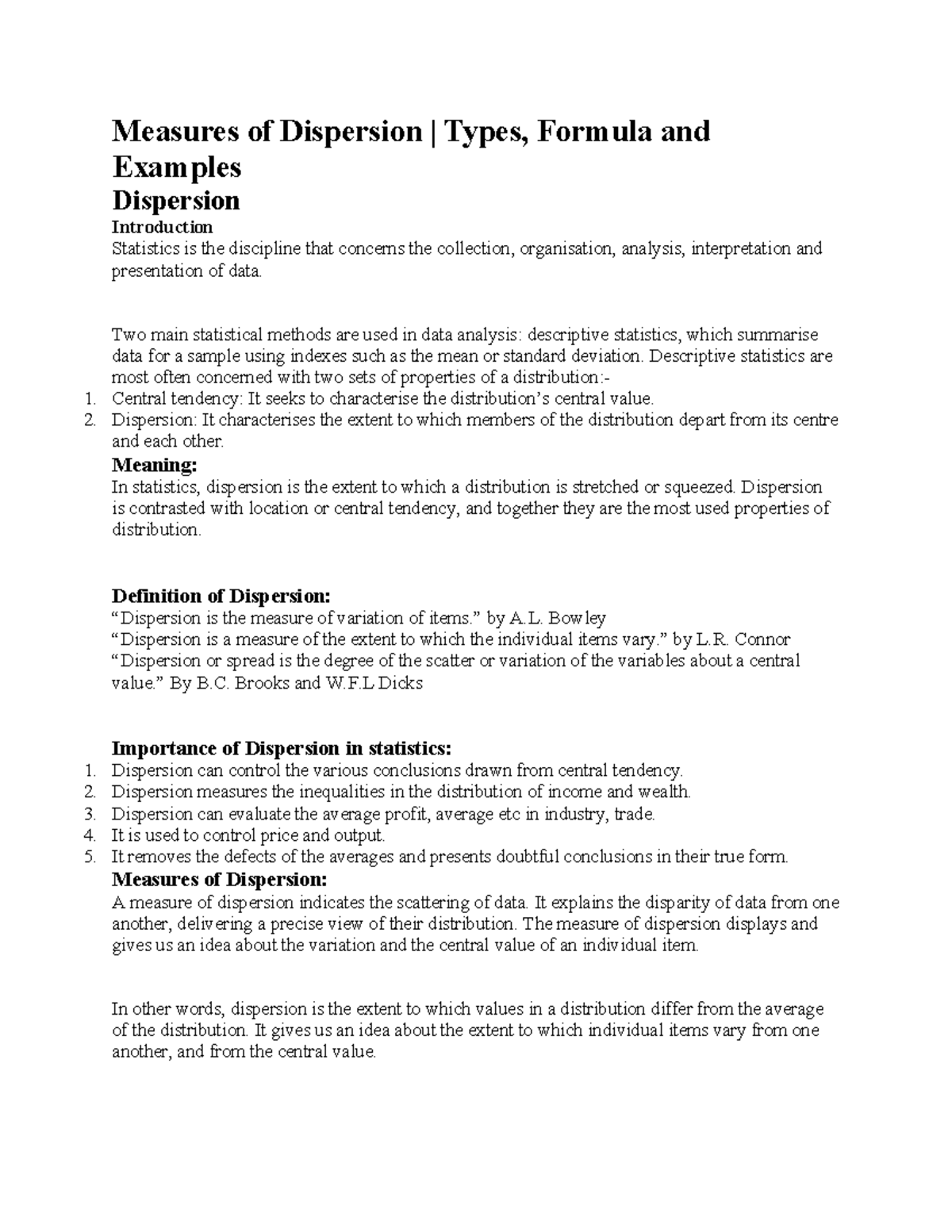Measures of Dispersion - Two main statistical methods are used in data ...
