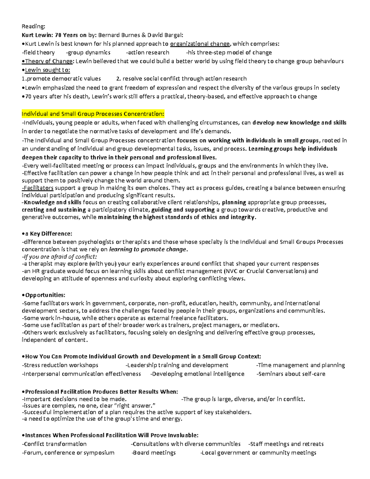AHSC-270 midterm 2 notes - Reading: Kurt Lewin: 70 Years on by: Bernard ...
